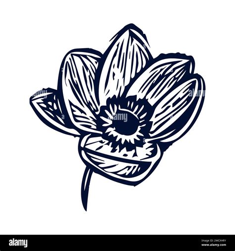 Handmade Blockprint Flower Motif Clipart In Folkart Scandi Style Simple Monochrome Linocut