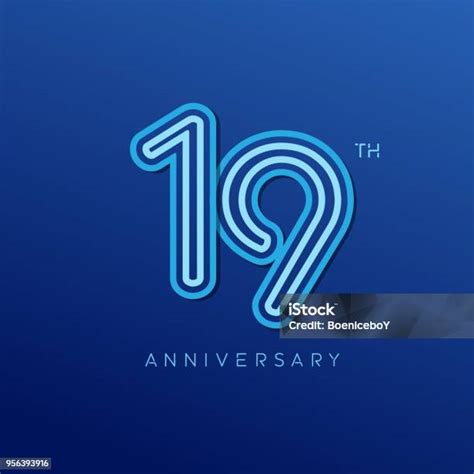19 년 기념일 축 하 로고 블루 선 색 진한 파란색 배경에 축 하 초대 카드 인사말 카드에 대 한 벡터 디자인 격리와 기념일 로고 19에 대한 스톡 벡터 아트 및 기타