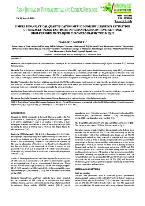 Pdf Simple Bioanalytical Quantification Method For Simultaneous Estimation Of Simvastatin And