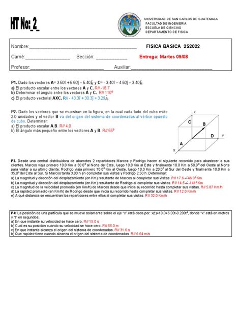Ht No 2 Fb 2s2022 Variables Cinemáticas Pdf Velocidad Vector