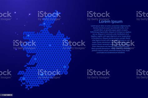 아일랜드 지도 배너 포스터 인사말 카드 노드와 공간 별 패턴 기하학적 배경을 반복 하는 파란색 삼각형에서 추상적 인 회로도 벡터