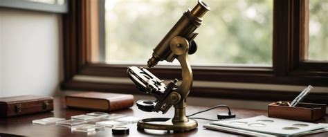 Antique Brass Microscope On A Scientists Desk Symbolizing Exploration And Discovery Premium Ai