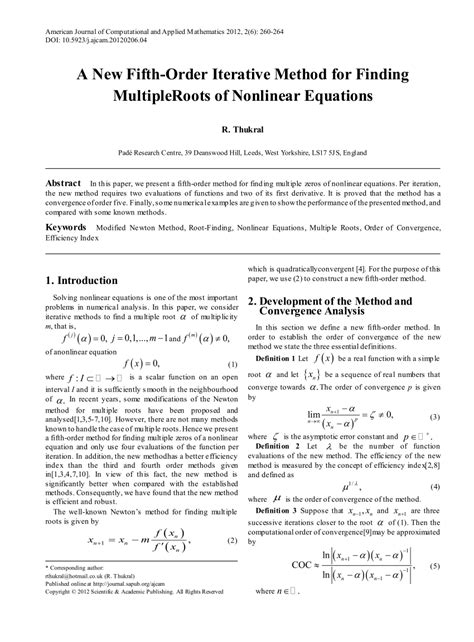 PDF A New Fifth Order Iterative Method For Finding MultipleRoots Of Nonlinear Equations