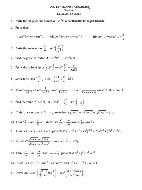 Ws I Inverse Trigonometry 06 05 2024 Pdf Mathematical Relations Euclid