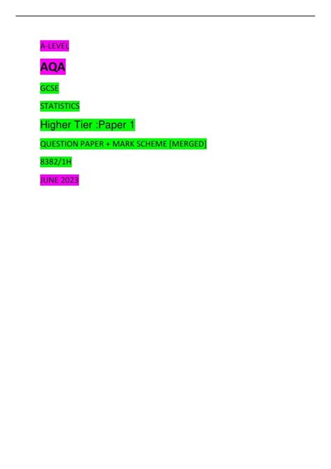 A Level Aqa Gcse Statistics Higher Tier Paper 1 Question Paper Mark Scheme [merged] 8382 1h