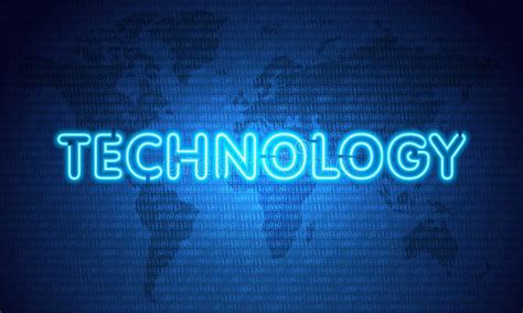 technology neon symbol on blue map background with binary code data