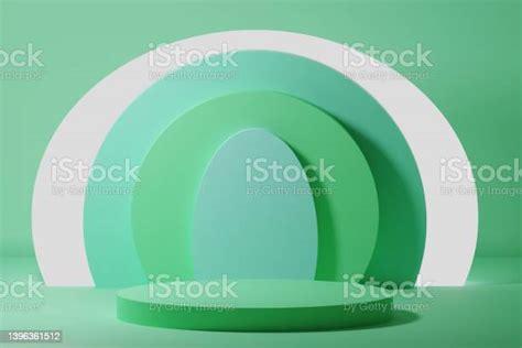 빛나는 원과 미니멀 한 요소가있는 민트 그린 기하학적 연단 배경 3d 일러스트 레이 션 0명에 대한 스톡 사진 및 기타 이미지