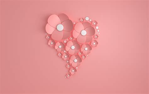 3d 렌더링 종이 꽃 심장 모양 파스텔 핑크 배경 및 종이 꽃입니다 꽃의 구성 웨딩 카드 관상 주름을 달기 발렌타인 데이 낭만적인 우아한 2 월 14 일 카드 0명에 대한
