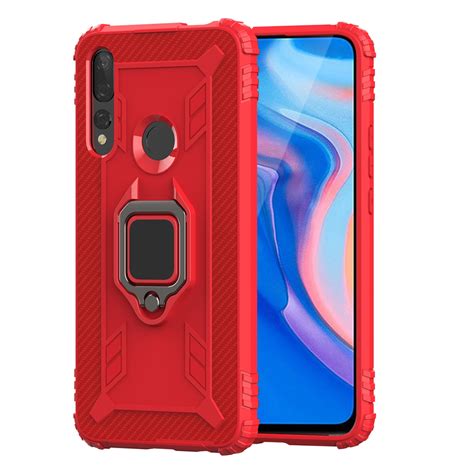 For Huawei Honor X Carbon Fiber Protective Case With Degree Rotating Ring Holder Red