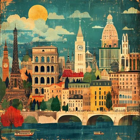 Vintage Travel Poster Iconic European Cityscapes Famous Landmarks