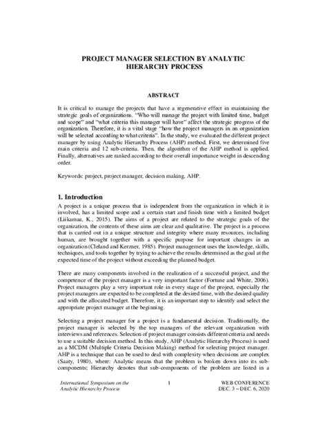 pdf project manager selection by analytic hierarchy process