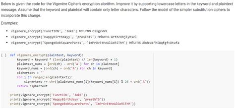 Solved Below is given the code for the Vigenère Cipher s Chegg