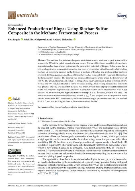 (PDF) Enhanced Production of Biogas Using Biochar–Sulfur Composite in the Methane Fermentation ...