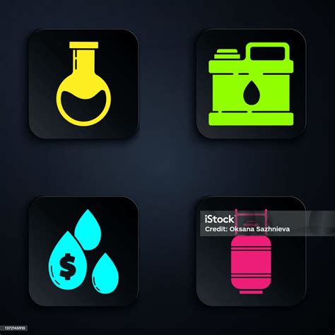프로판 가스 탱크 테스트 튜브 및 플라스크 달러 기호와 자동차 기계 오일캐니스터로 오일 드롭을 설정합니다 검은 색 사각형 버튼 벡터 0명에 대한 스톡 벡터 아트 및 기타
