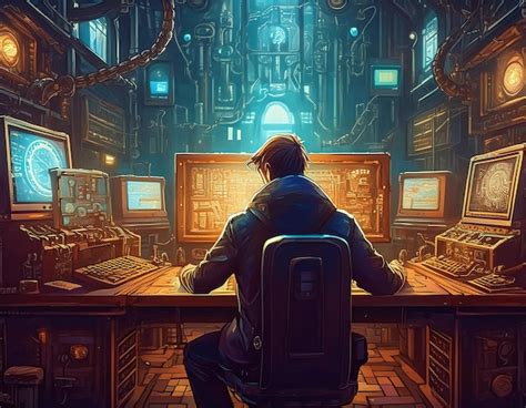 hacker in dark room illuminated by multiple computer screens typing on