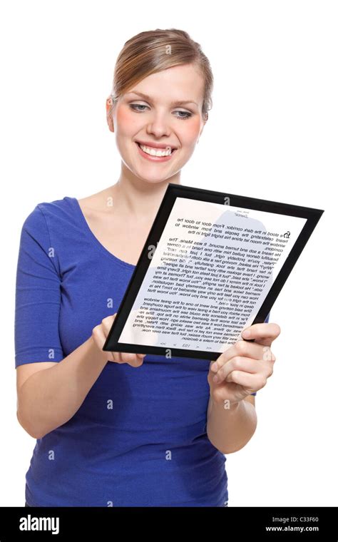 Beautiful Woman Holding A Touchpad Pc Showing An E Book Isolated On White And Focus On The Eyes