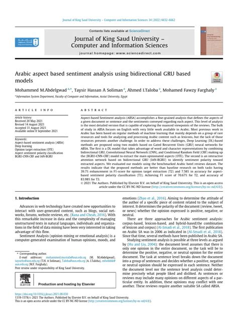 Arabic Aspect Based Sentiment Analysis Using Bidirectional Gru Pdf