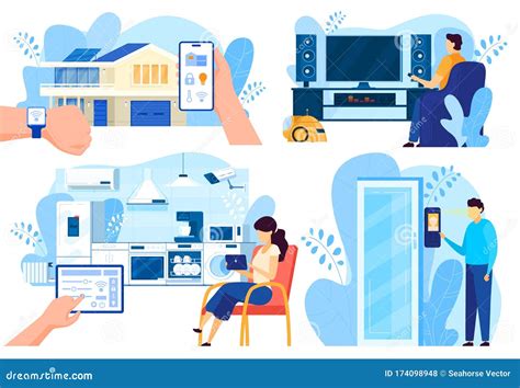 Smart House Technologies People Controlling Home Systems Remotely Vector Illustration Stock
