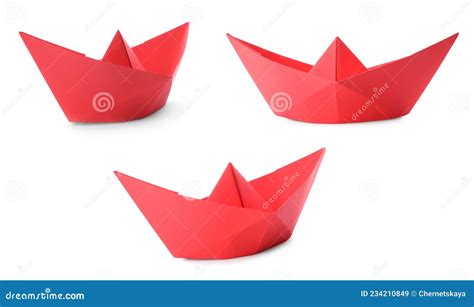 Conjunto Con Botes De Papel Rojo En Fondo Blanco Imagen De Archivo Imagen De Juguete Modelo