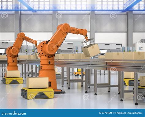 Automation Factory Or Cargo With Robot Arms And Warehouse Robots Stock Illustration