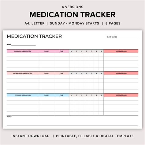 Weekly Medication Tracker Printable Prescription Tracker Medicine Log