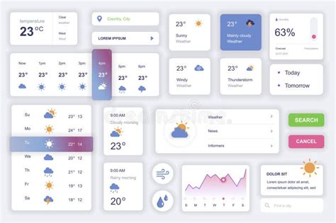 User Interface Elements Set For Weather Mobile App Kit Template With