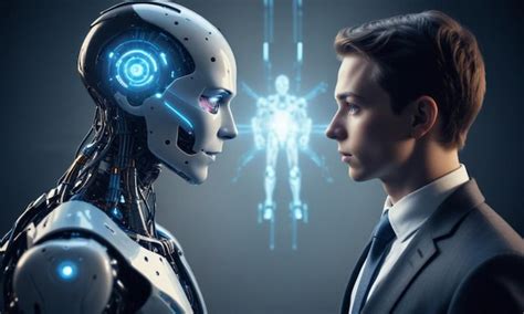 A Man And A Robot Are In Front Of A Robot Premium Ai Generated Image