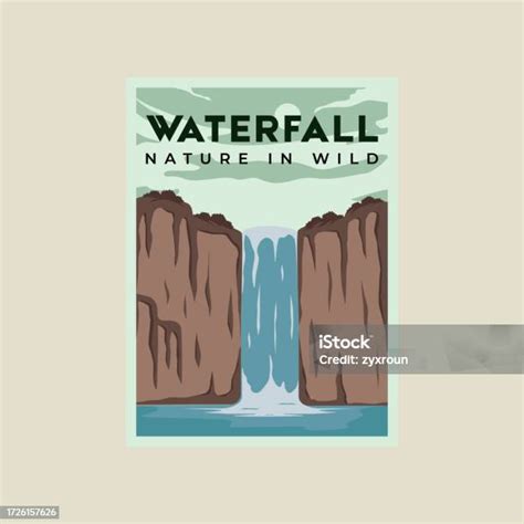 폭포 포스터 벡터 일러스트레이션 템플릿 그래픽 디자인입니다 자연 배너에 아름 다운 조경 및 여행 및 관광 사업 개념에 대한 기호 아르데코에 대한 스톡 벡터 아트 및 기타