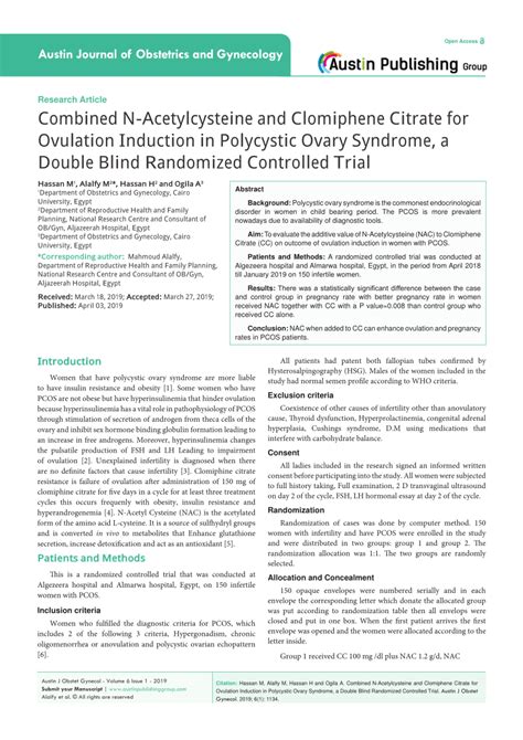 Pdf Combined N Acetylcysteine And Clomiphene Citrate For Ovulation Induction In Polycystic