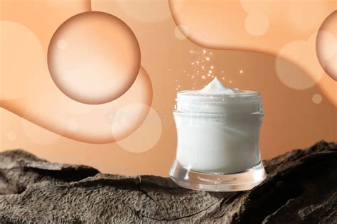Jar On Tree Bark Against Dark Beige Background Poster Or Flyer Design With Cosmetic Cream Stock