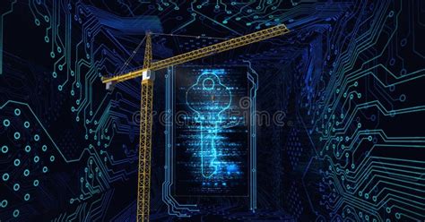 Composition Of Crane Over Security Key And Computer Circuit Board Stock Illustration