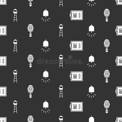 Set Safe Car Key With Remote Watch Tower And Ringing Alarm Bell On Seamless Pattern Vector