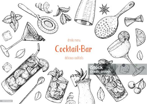 알코올 칵테일 손으로 그린 벡터 일러스트레이션 칵테일 스케치 세트 각인 된 스타일 막대 메뉴 스케치 요소입니다 빈티지 바 디자인