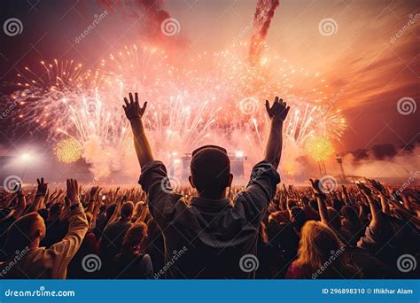 Crowd Cheering At A Music Festival With Fireworks Exploding In The Sky Rear View Of The Crowd Crowd Cheering At A Music Festival With Fireworks Exploding In The Sky Rear View Of The Crowd