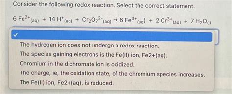 Solved Consider The Following Redox Reaction Select The