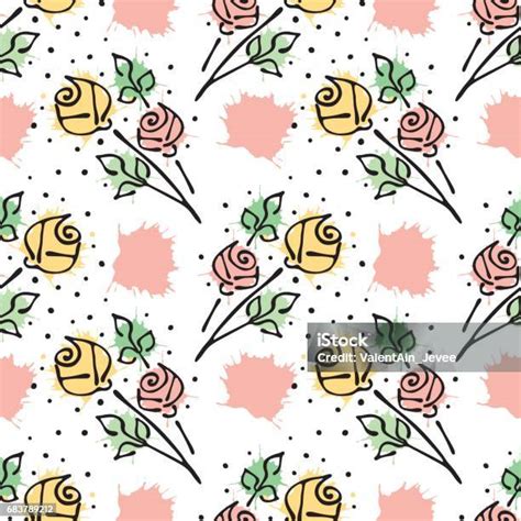 꽃 잎 장식 요소 얼룩 오 점 벡터 원활한 꽃 패턴 드롭 손으로 그린 등고선과 뇌졸중 낙서 스케치 스타일 그래픽 벡터 그림 그리기 귀여운에 대한 스톡 벡터 아트 및 기타