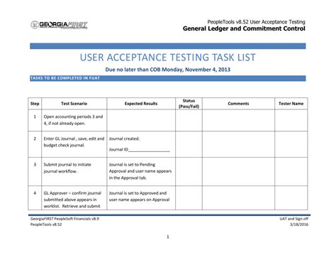Uat Task List General Ledger And Commitment Control