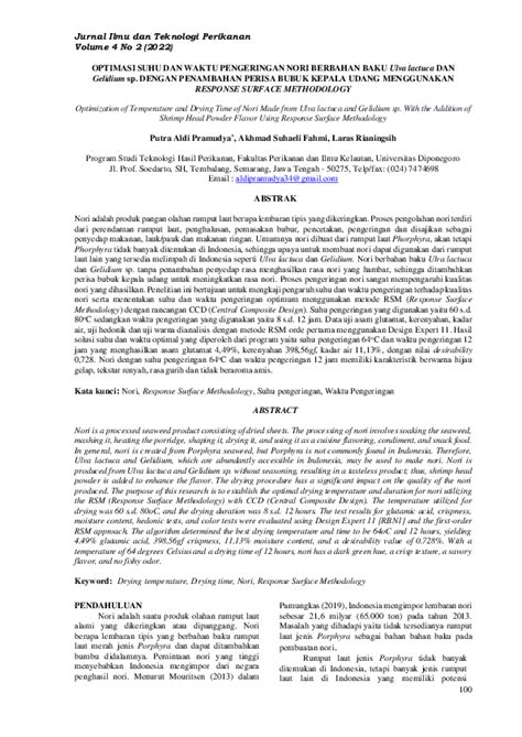 Pdf Optimasi Suhu Dan Waktu Pengeringan Nori Berbahan Baku Ulva Lactuca Dan Gelidium Sp