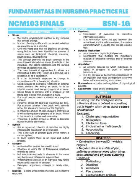 Ncm 103 Transes Module 1f Stress And Adaptation Bsn 1g Pdf Stress