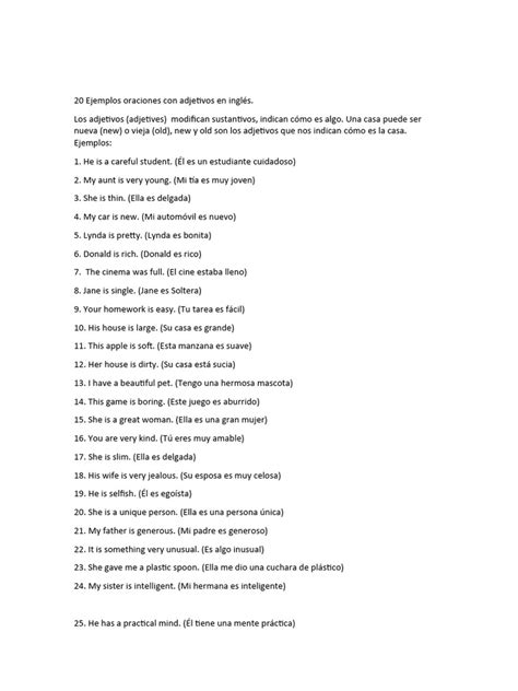 20 Ejemplos Oraciones Con Adjetivos En Inglés Pdf