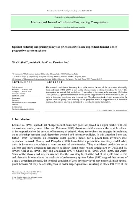 Pdf Optimal Ordering Policy For Stock Dependent Demand Under Progressive Payment Scheme