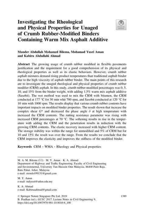 Pdf Investigating The Rheological And Physical Properties For Unaged Of Crumb Rubber Modified