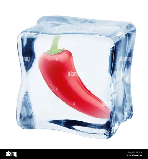 Red Hot Chili Pepper In Ice Cube Isolated On White Background