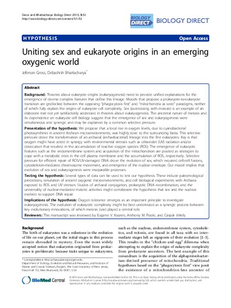 Pdf Uniting Sex And Eukaryote Origins In An Emerging Oxygenic World