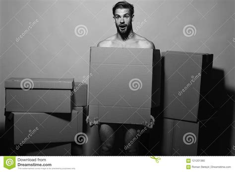 Sexuality And Moving Concept Loader With Shocked Face Covers Nudity Stock Photo Image Of