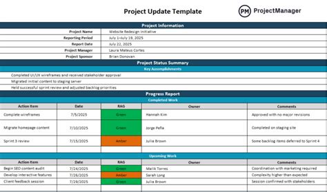 Project Update Template For Excel Free Download