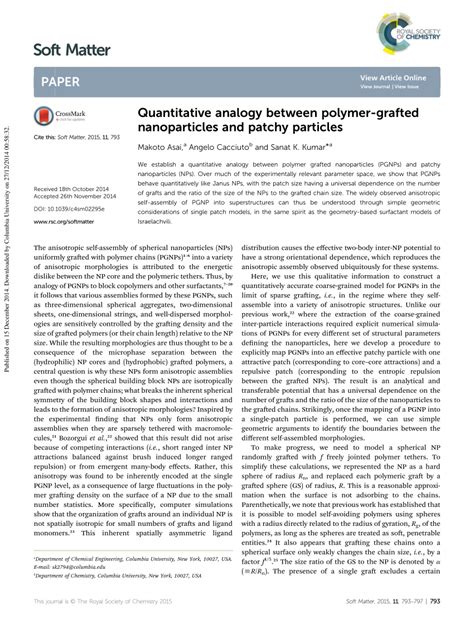 Pdf Quantitative Analogy Between Polymer Grafted Nanoparticles And Patchy Particles