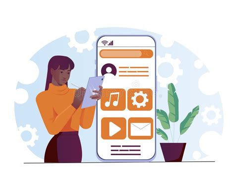 Woman Designing App Interface On Tablet Vector Illustration Stock