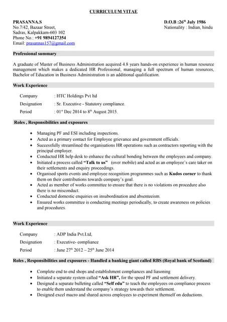 Prasanna Resume 1 1 Doc Business Administration Business