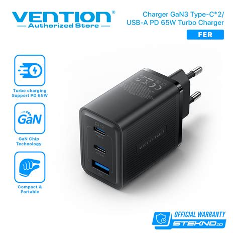 Jual Vention Adaptor Kepala Charger GaN USB A Type C 65W PD Fast Charging Android IPhone